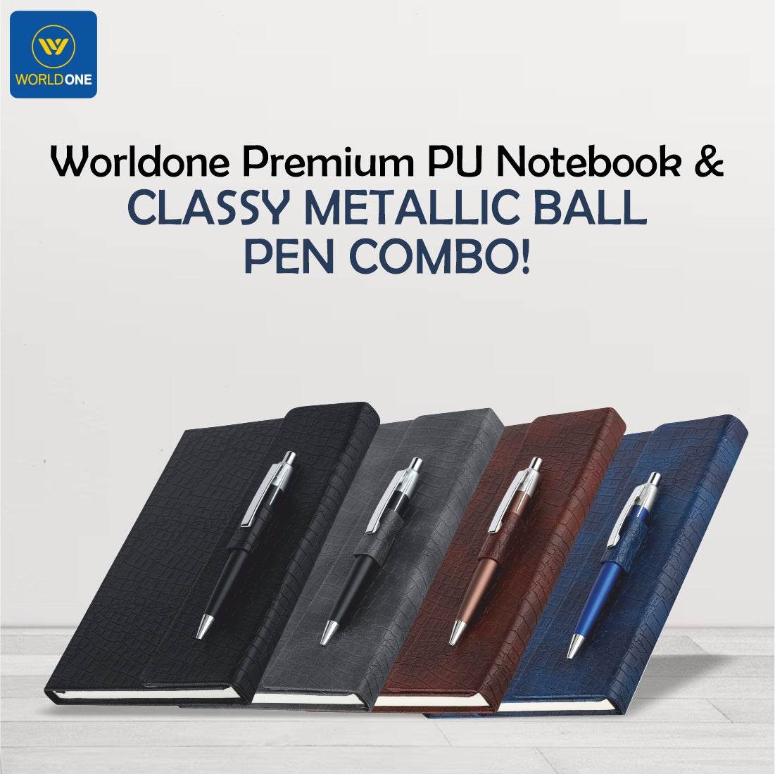 Worldone PU Premium Notebook & Classy Metallic Ball Pen in Pen Loop Cl ...