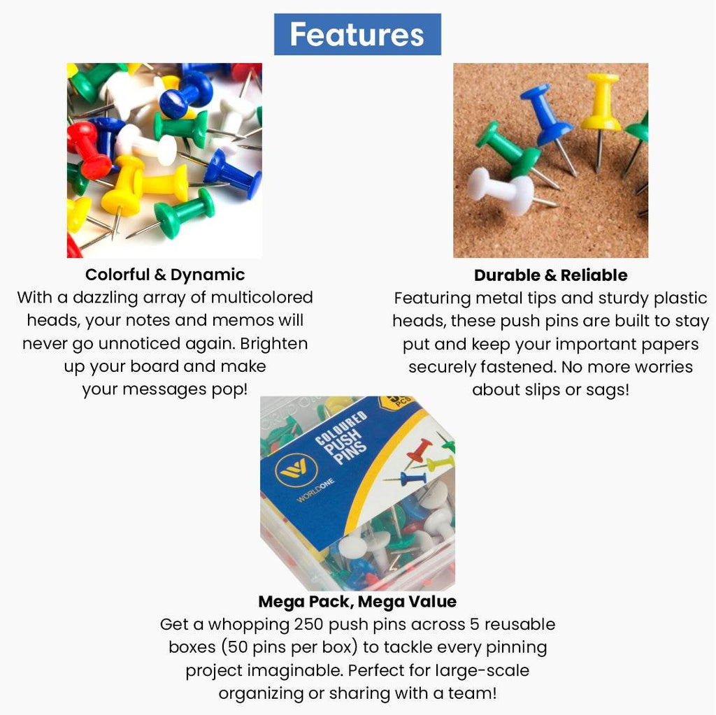 Worldone Multicoloured Push Pins, Board Pins with Metal Tips 50 Pcs in ...