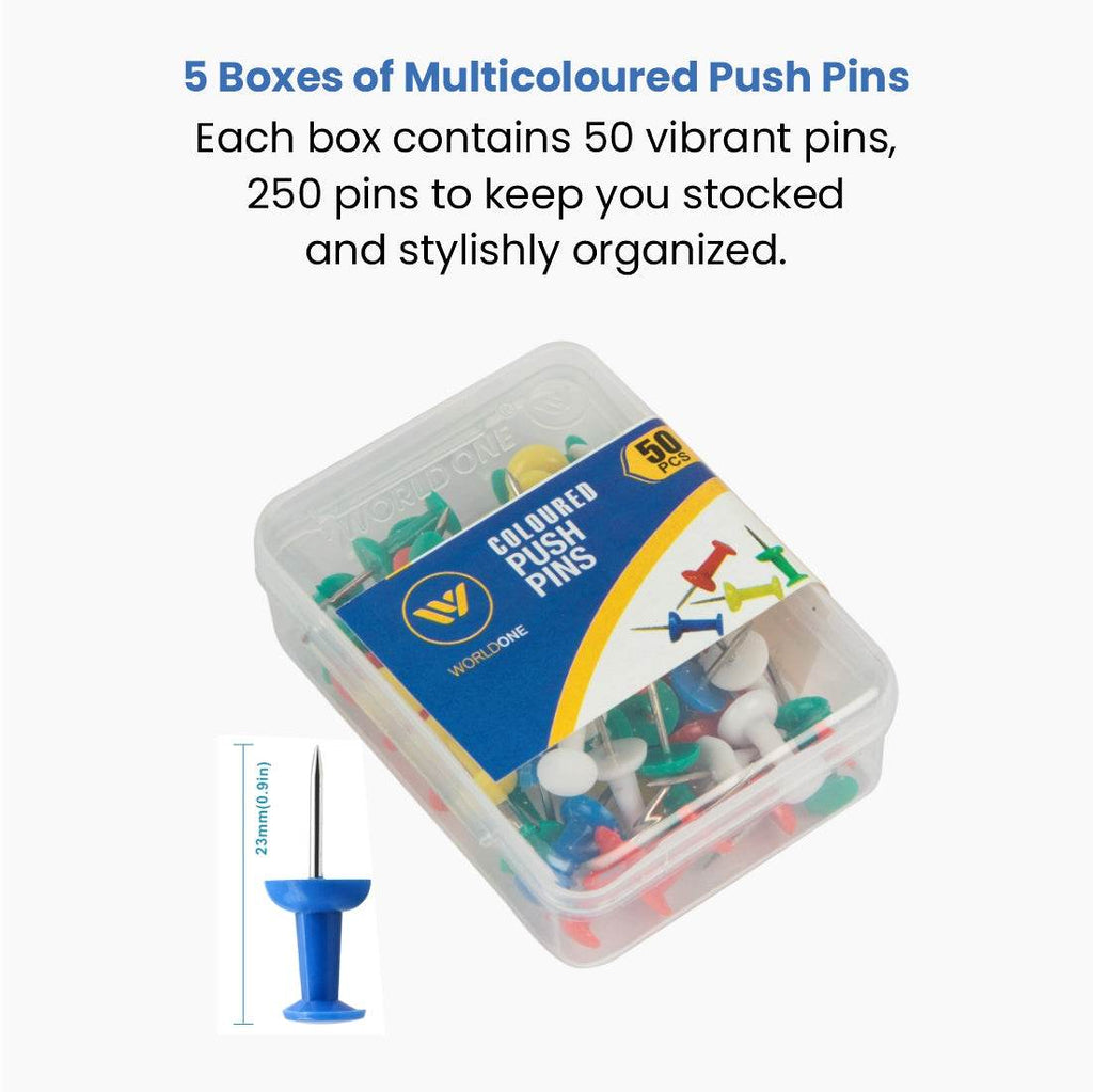 Worldone Multicoloured Push Pins, Board Pins with Metal Tips 50 Pcs in ...