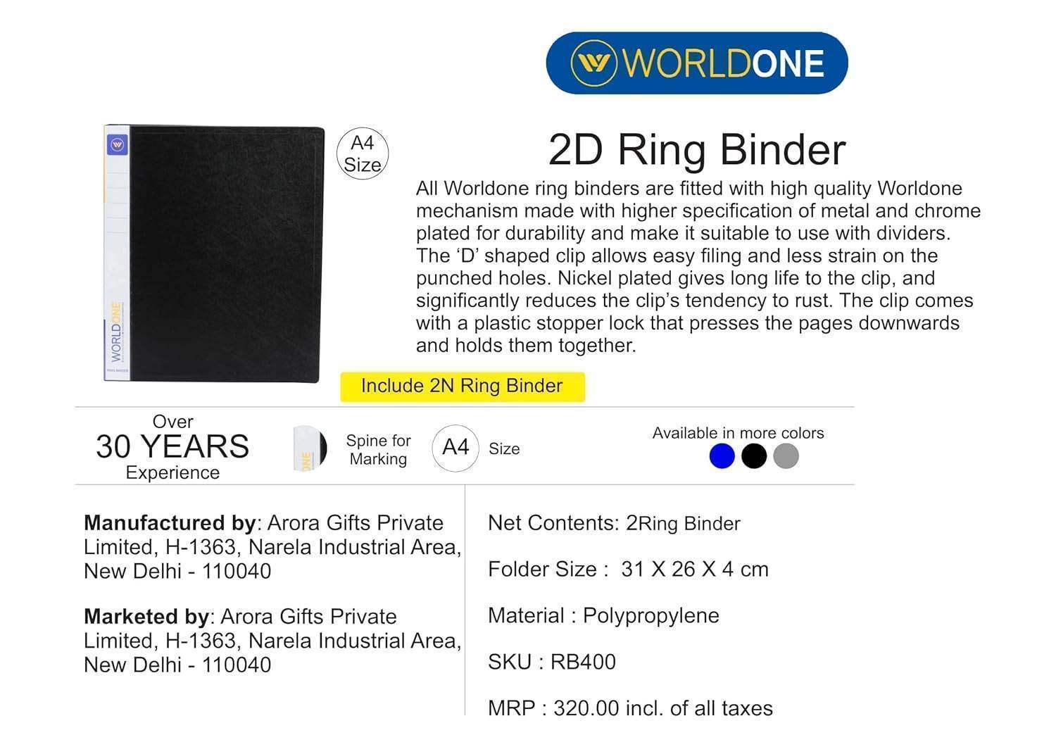 Worldone 2D Ring Binder 25 mm Chrome Plated Clip with 1.2mm Thick PP B ...