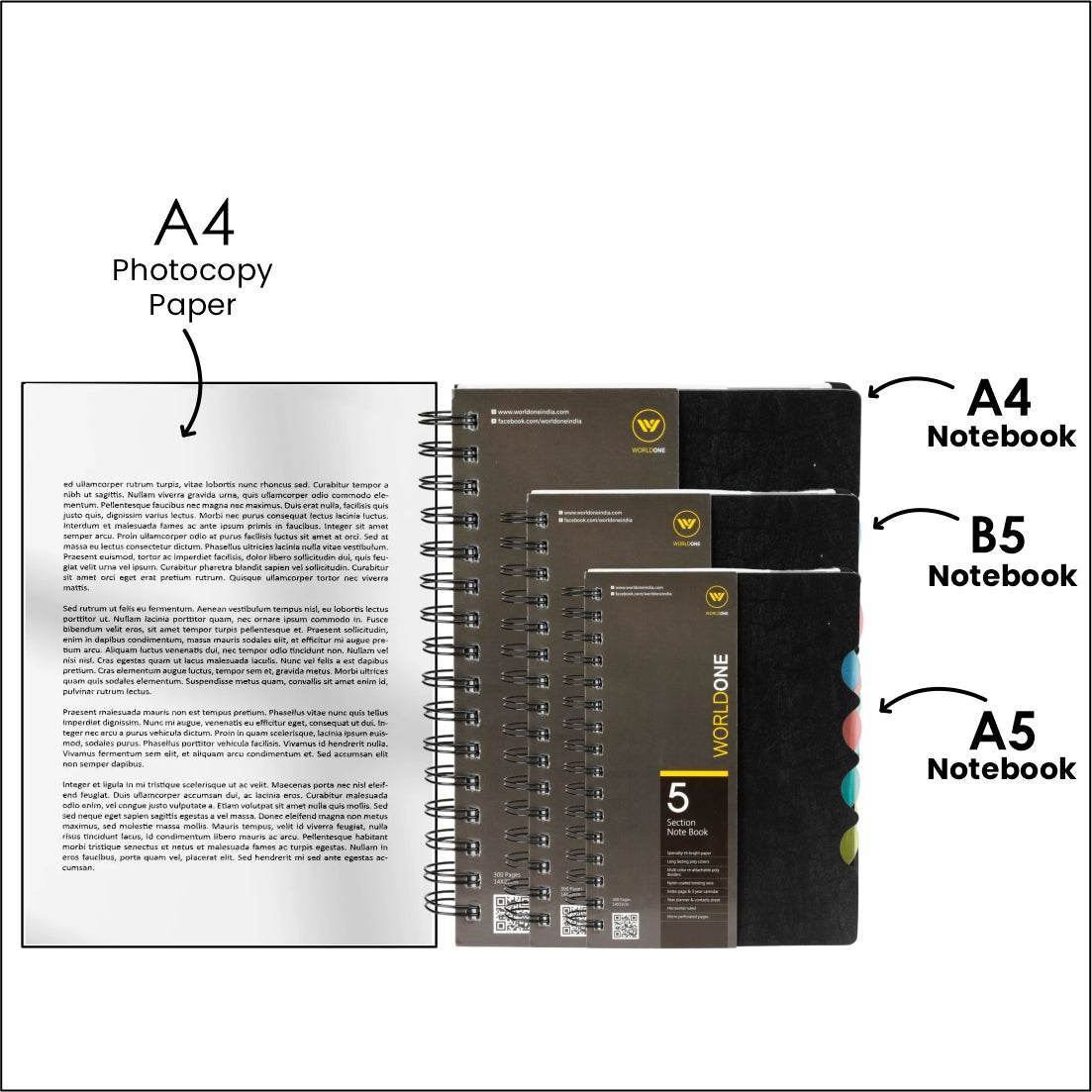 Worldone Black Colour, 5 Section Wiro Notebook with 70 gsm, 300 Single ...