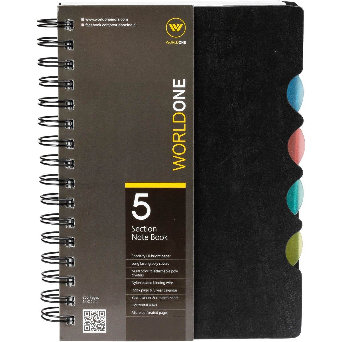 Worldone Black Colour, 5 Section Wiro Notebook with 70 gsm, 300 Single ...